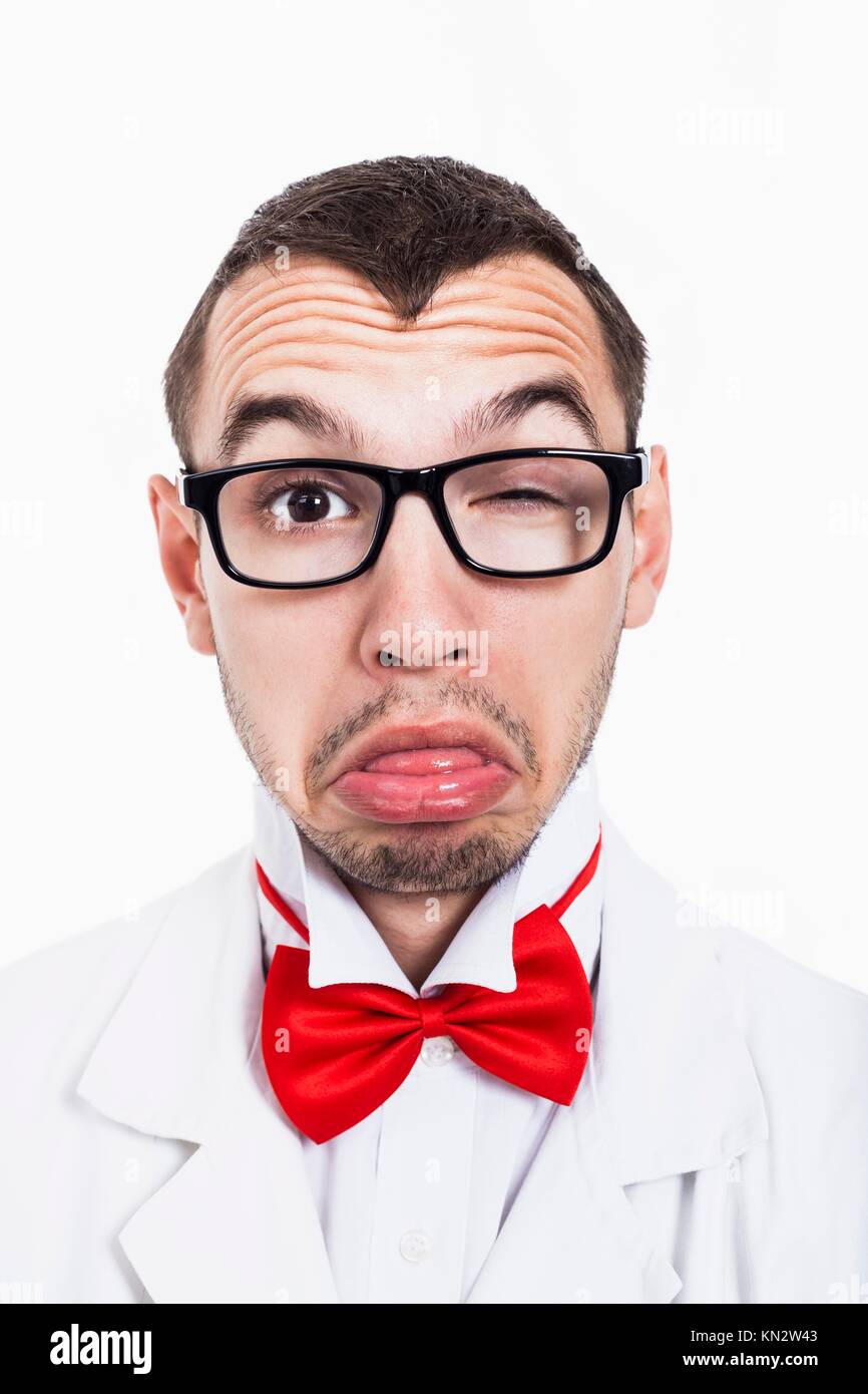 Close up of eccentric lab geek, isolated on white background Stock ...