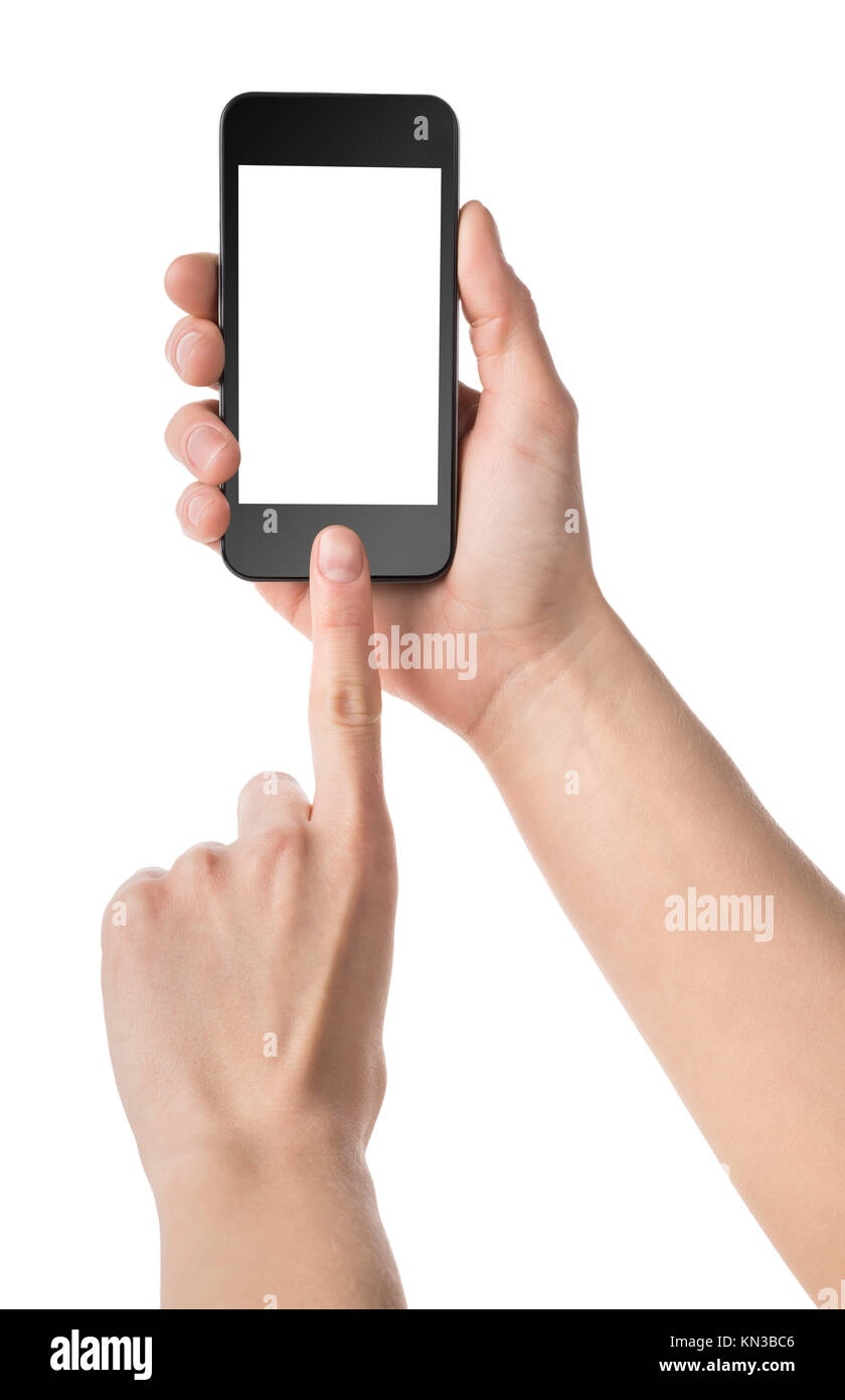 Mobile phone in hand isolated on white background Stock Photo - Alamy