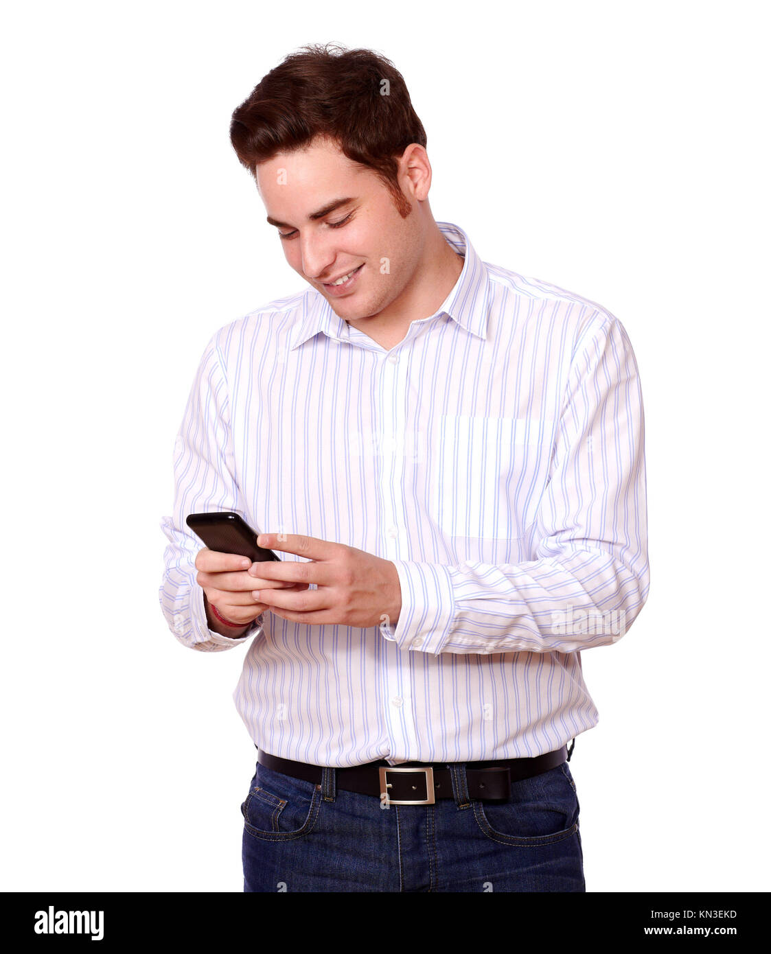 Cute caucasian boy using telephone all on white background hi-res stock ...