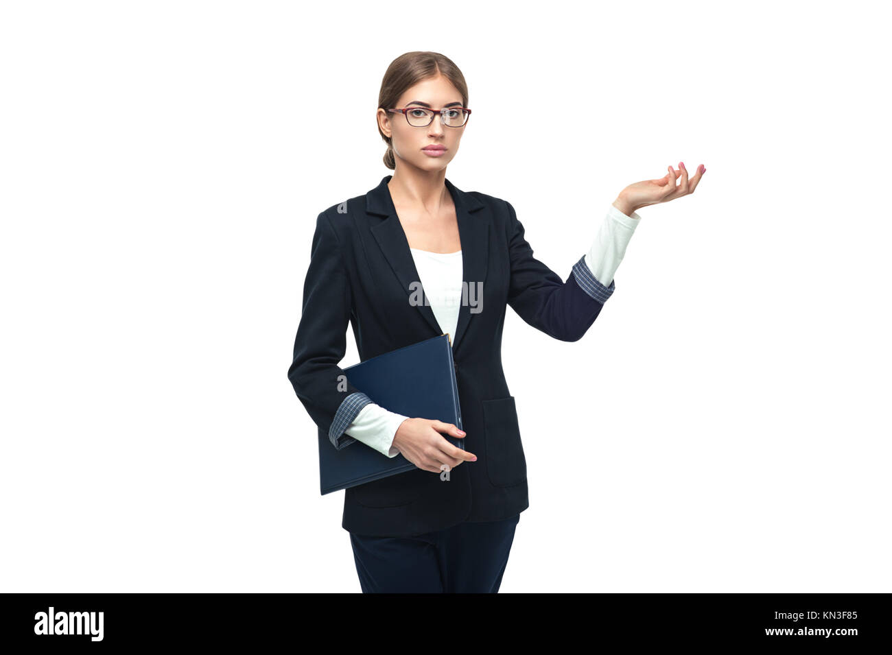 Young beautiful business woman with file folder showing copyspace with ...