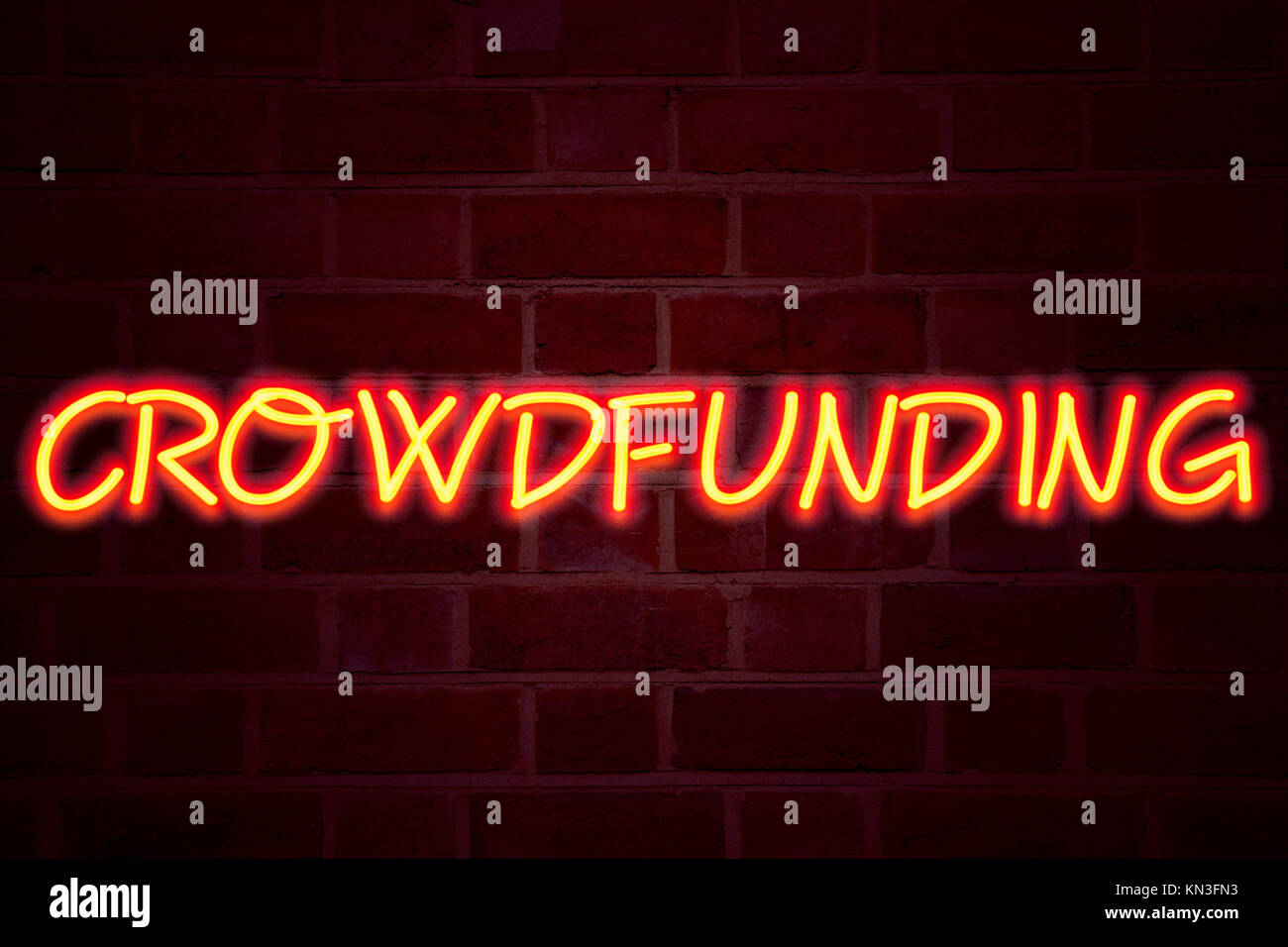Crowdfunding neon sign on brick wall background. Fluorescent Neon tube ...