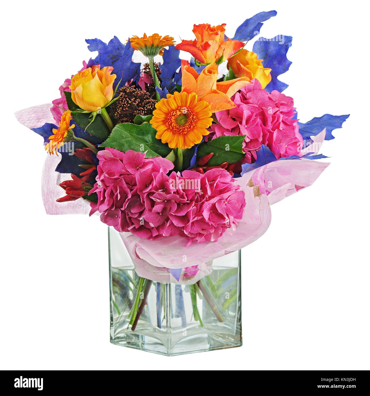 Colorful flower bouquet in vase isolated on white background. Closeup ...