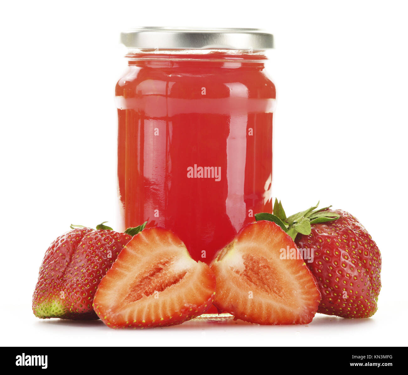 Jar of strawberry jam isolated on white background. Preserved fruits ...