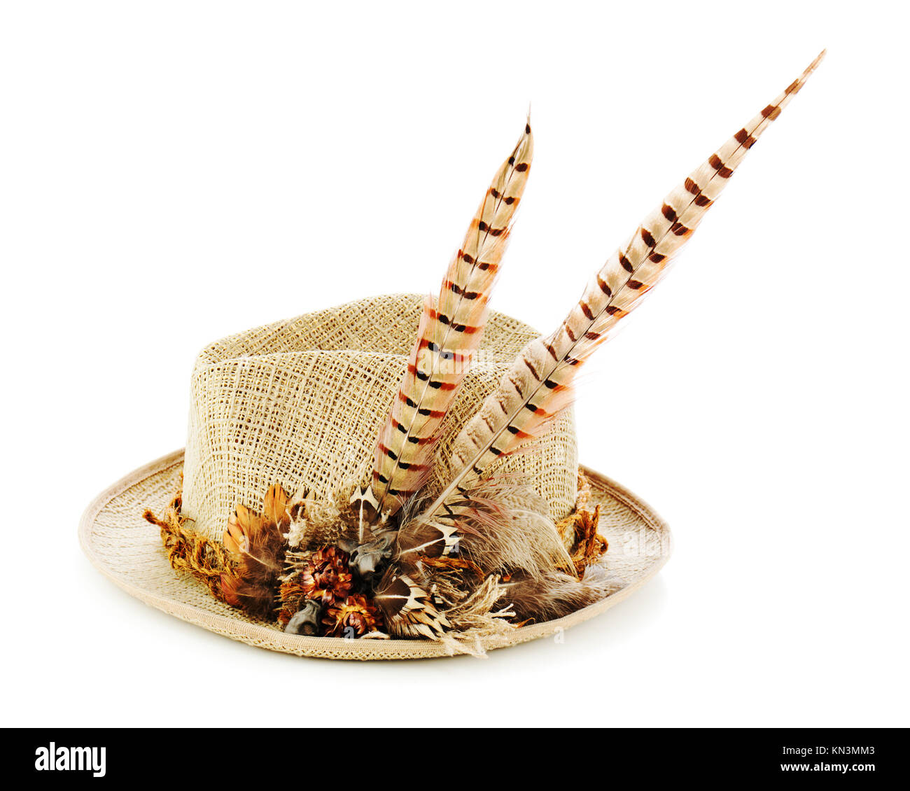 Hunting hat with pheasant feathers isolated on white. Closeup Stock ...