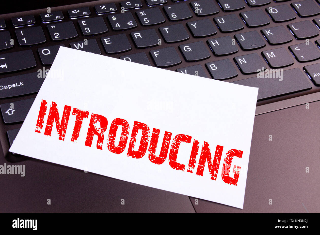 Writing Introducing text made in the office close-up on laptop computer ...