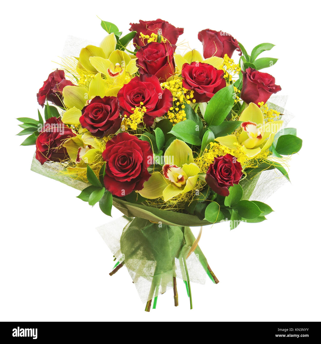 Bouquet of roses and orchids isolated on white background. Closeup ...