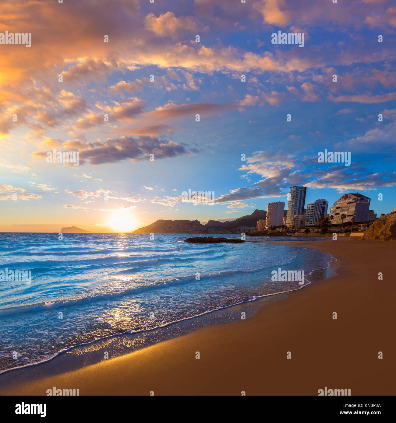 Calpe Alicante sunset at beach Cantal Roig in Mediterranean Spain Stock ...