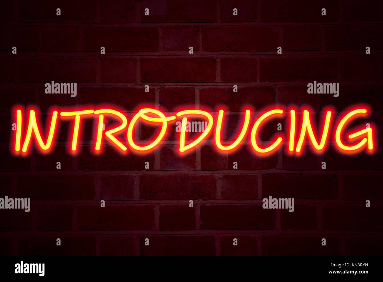 Introducing neon sign on brick wall background. Fluorescent Neon tube ...
