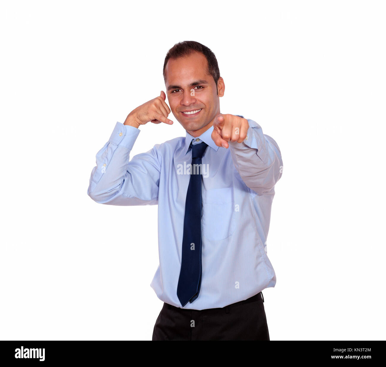 Portrait of an adult man pointing at you saying call me against white ...