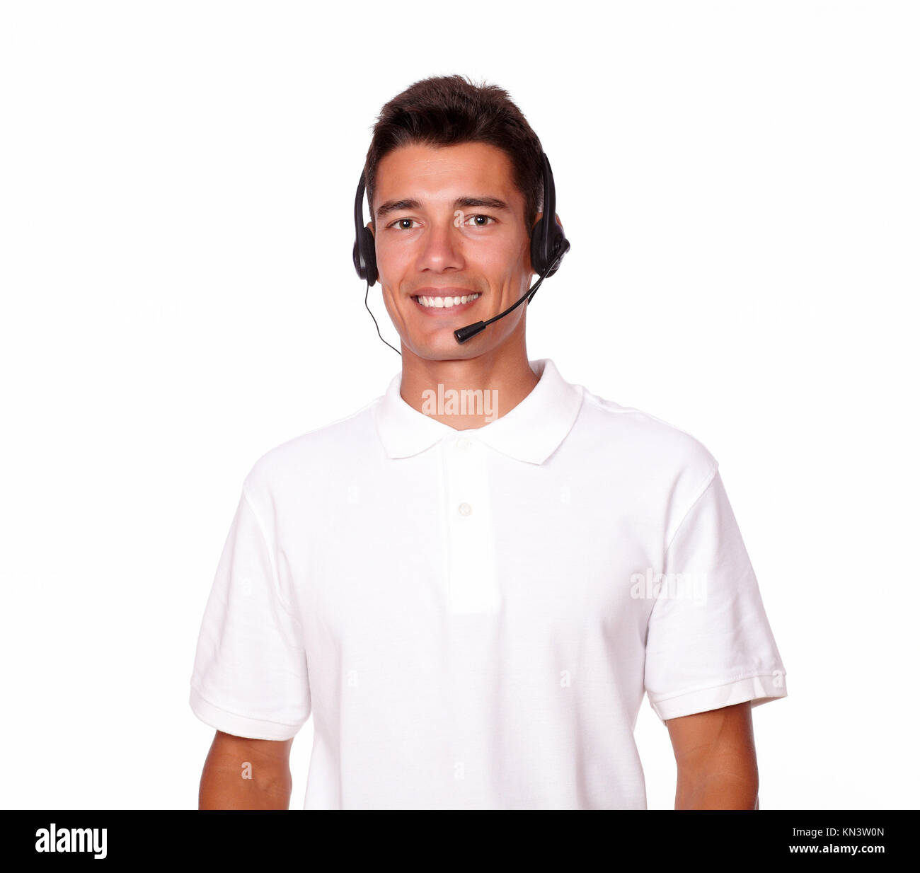 Latin man is smiling while conversing on a microphone, on isolated ...