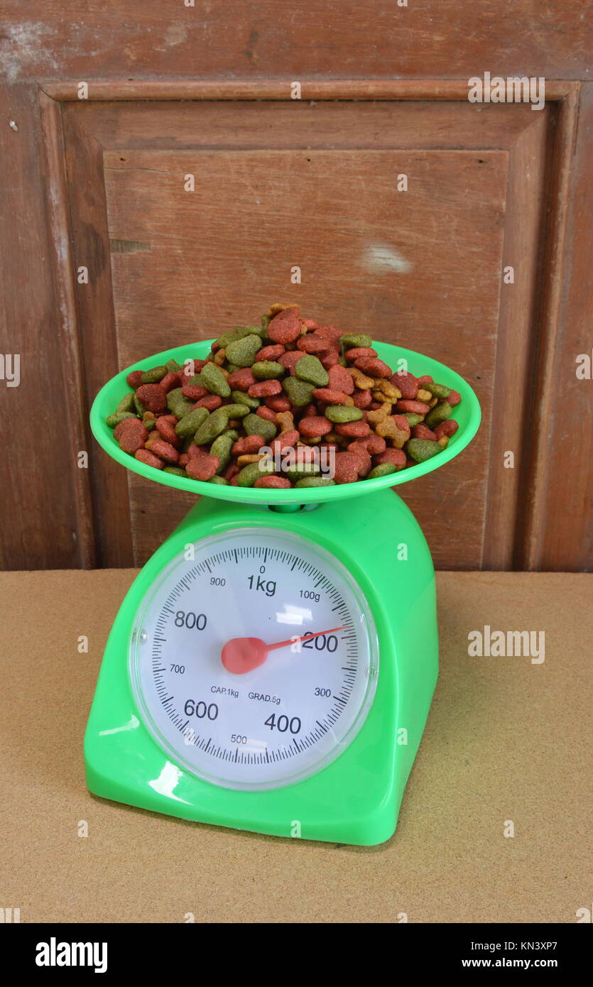 pet food on green weighing scale Stock Photo - Alamy