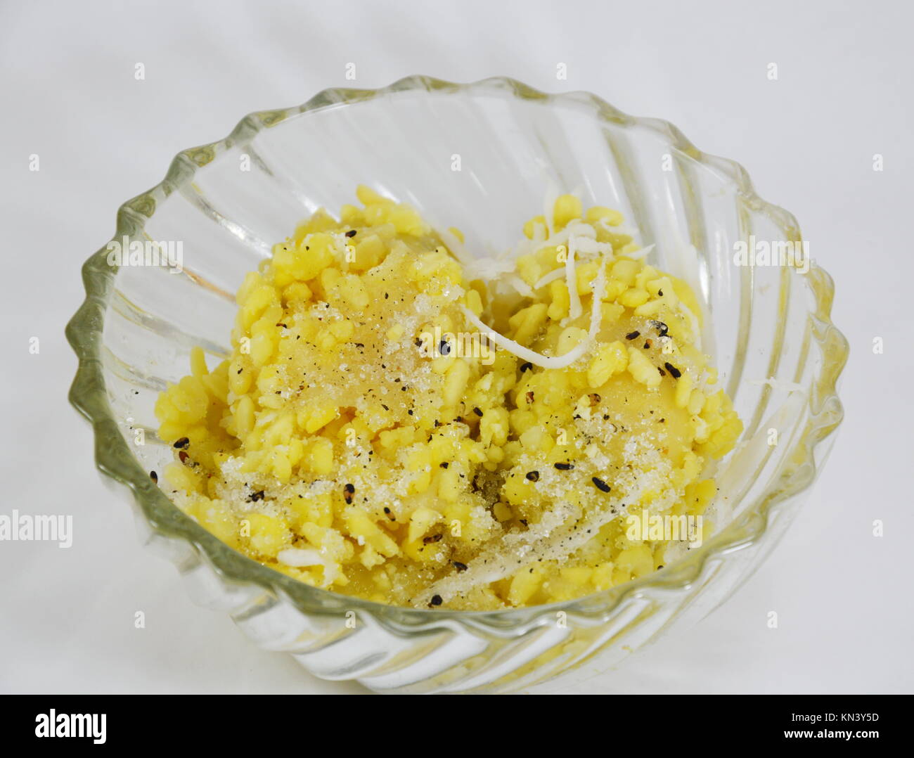 sweet yellow bean sticky flour dressing sugar on glass bowl Stock Photo ...