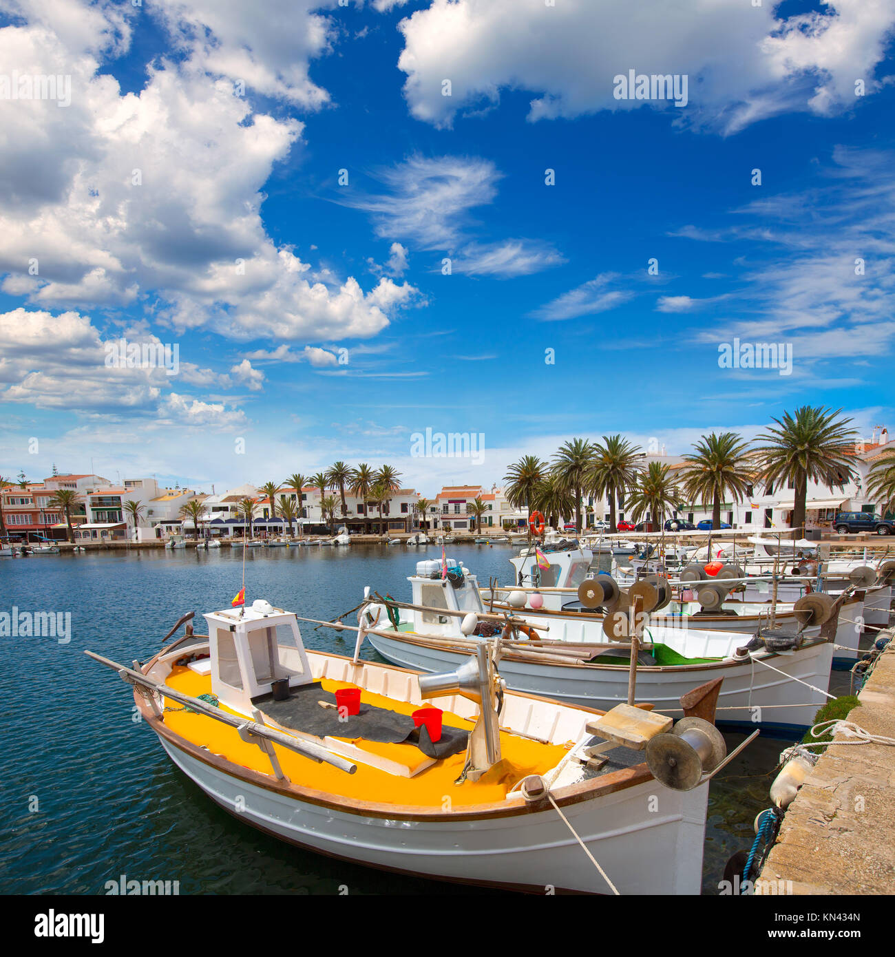 Fornells Port in Menorca marina boats Balearic islands of Spain Stock ...