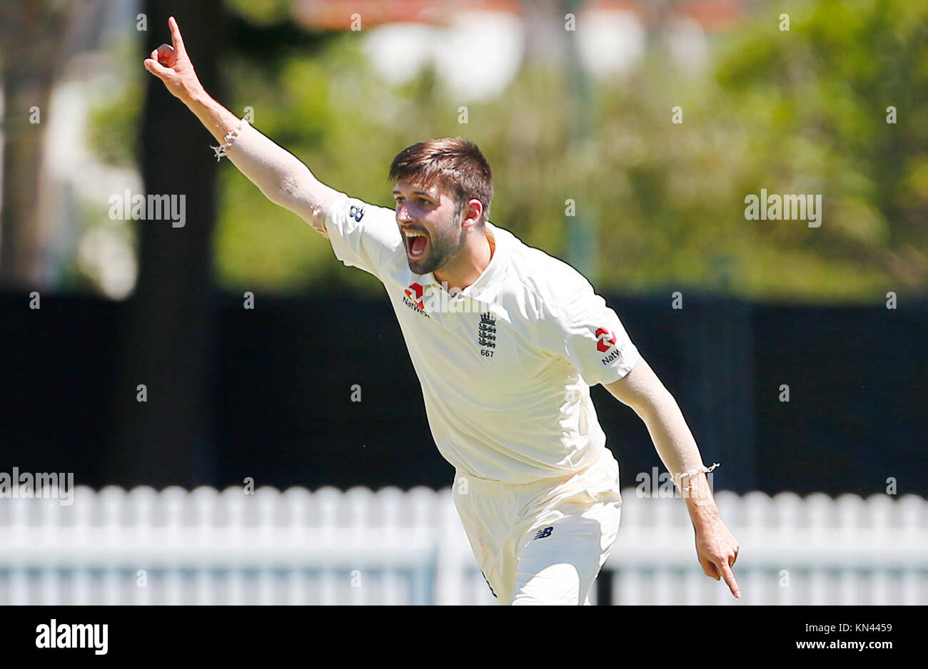 England's Mark Wood celebrates the wicket of Travis Dean during day two ...