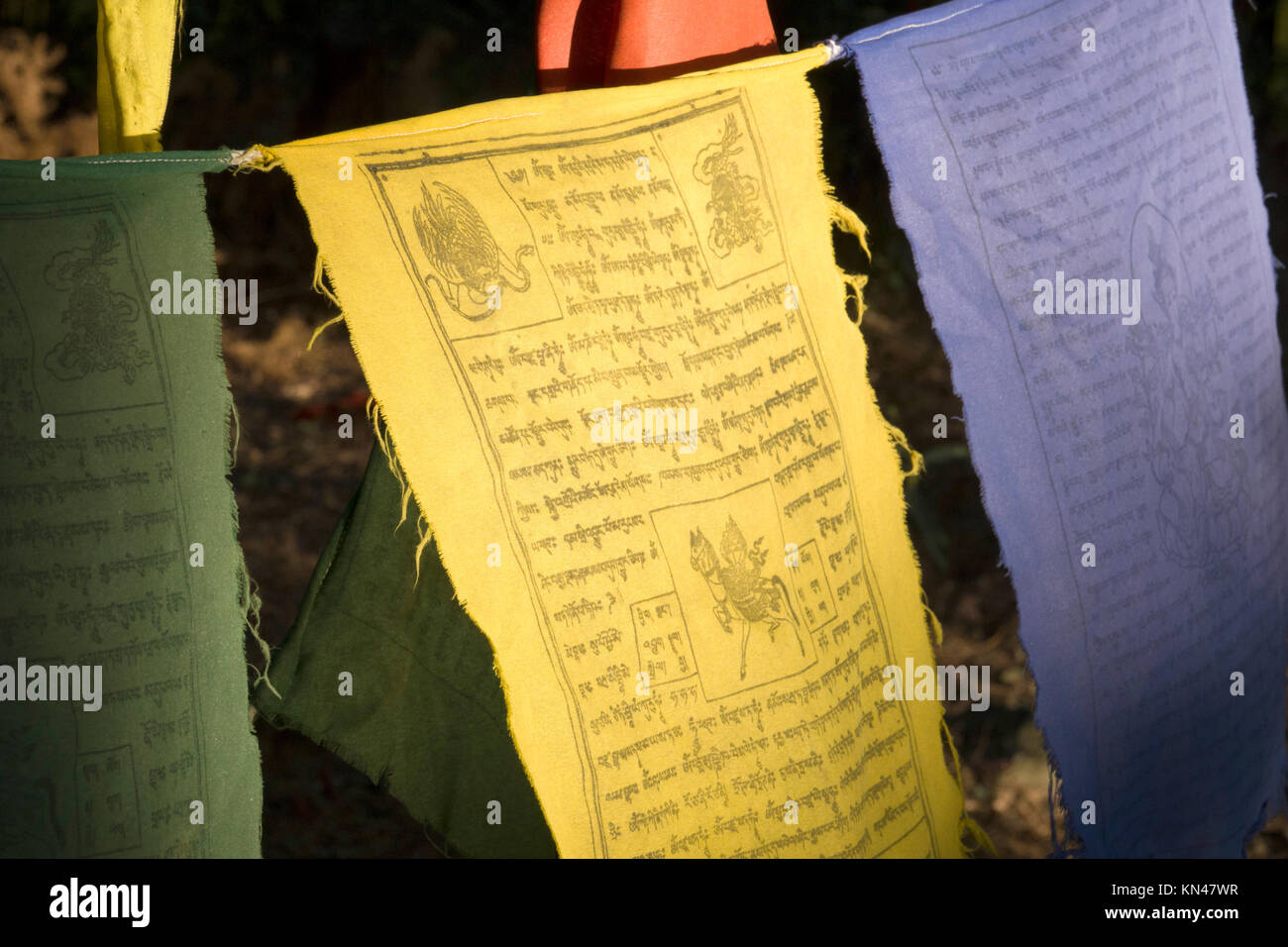 Closeup of Tibetan prayer flags with text and illustrations Stock Photo ...
