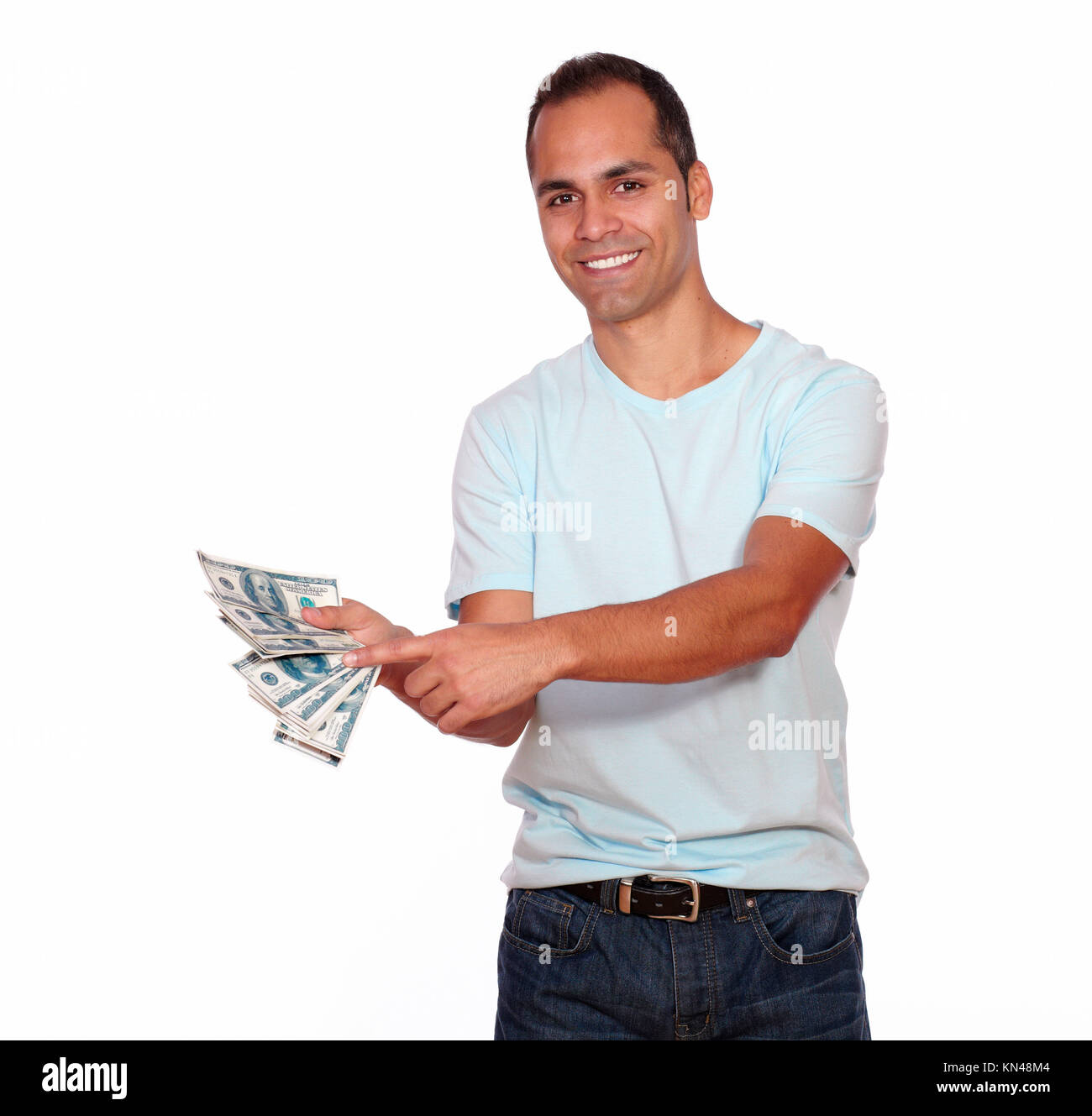 Portrait of an attractive man showing you cash money on isolated ...