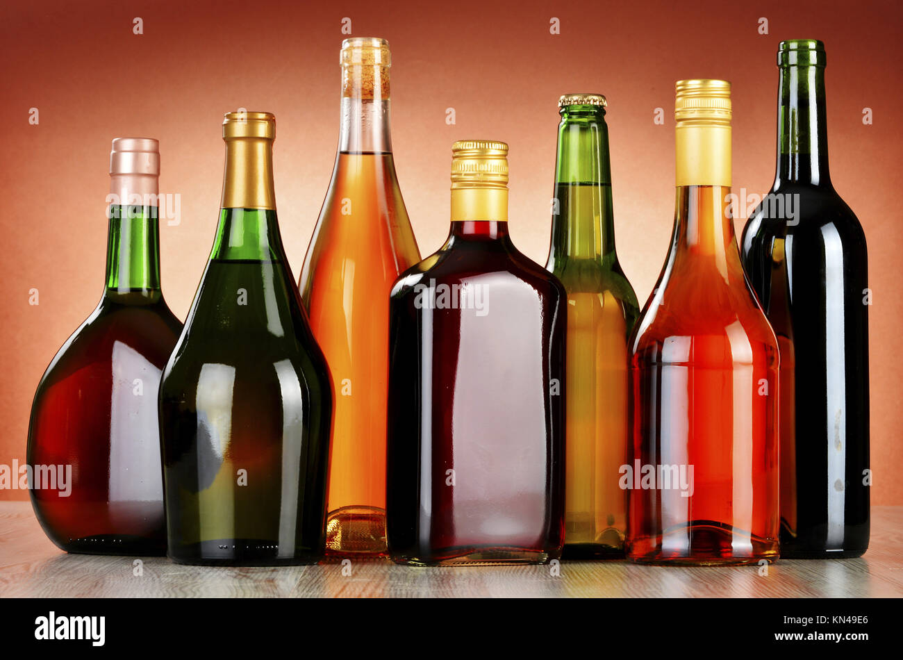 Bottles of assorted alcoholic beverages including beer and wine Stock ...