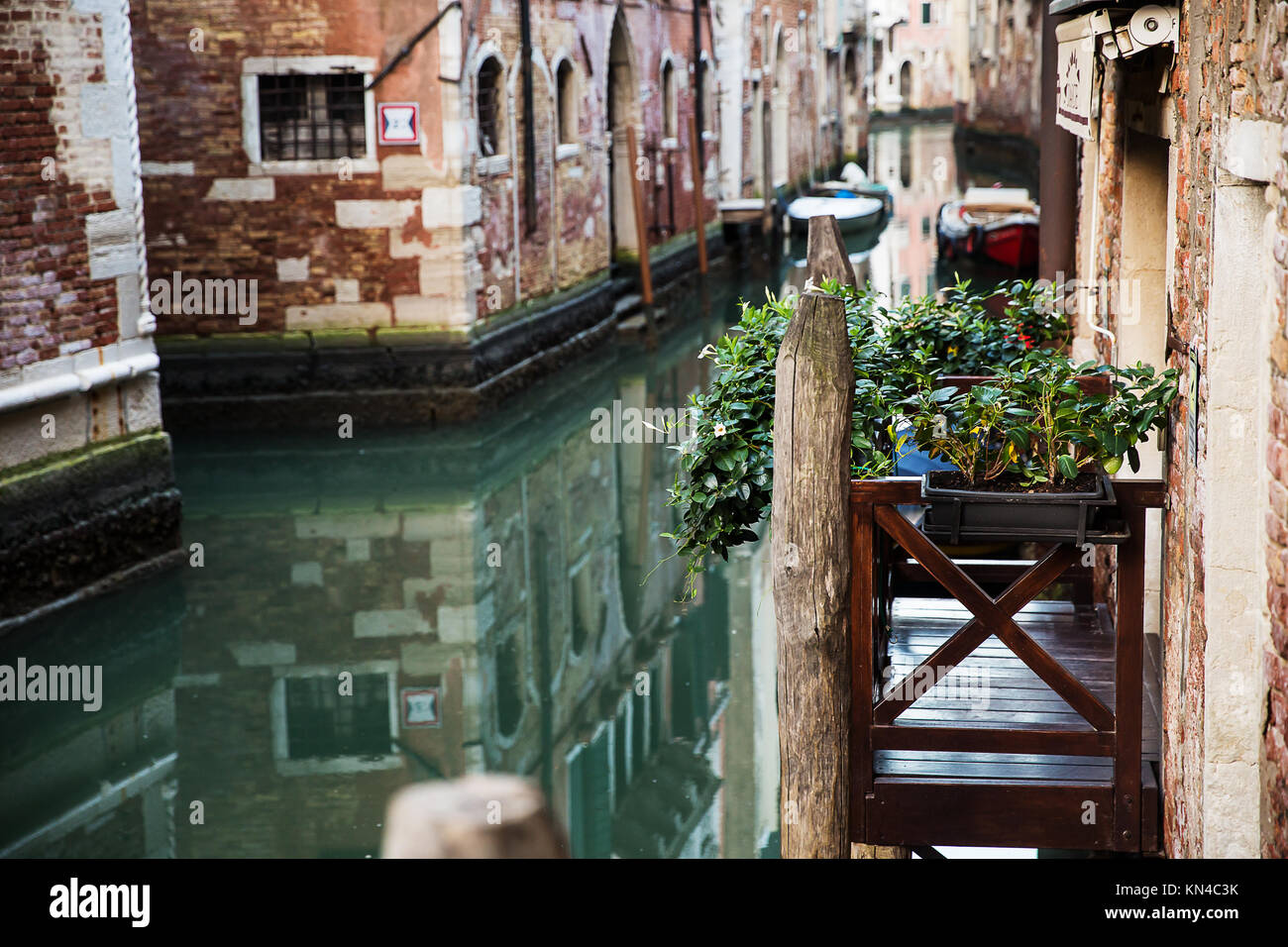 Beautiful view of the balcony with flowers and the canal. Venice, Italy ...