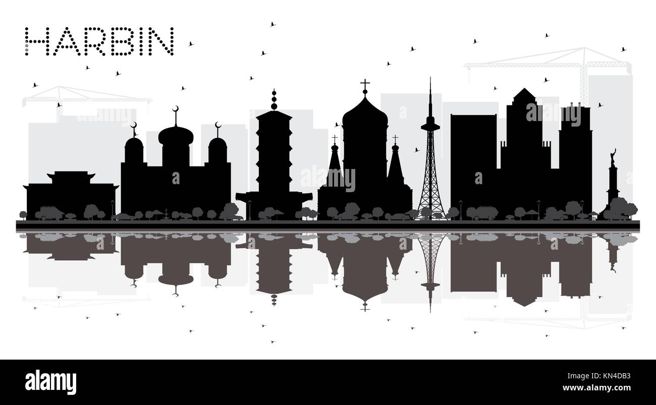 Harbin China City skyline black and white silhouette with Reflections ...