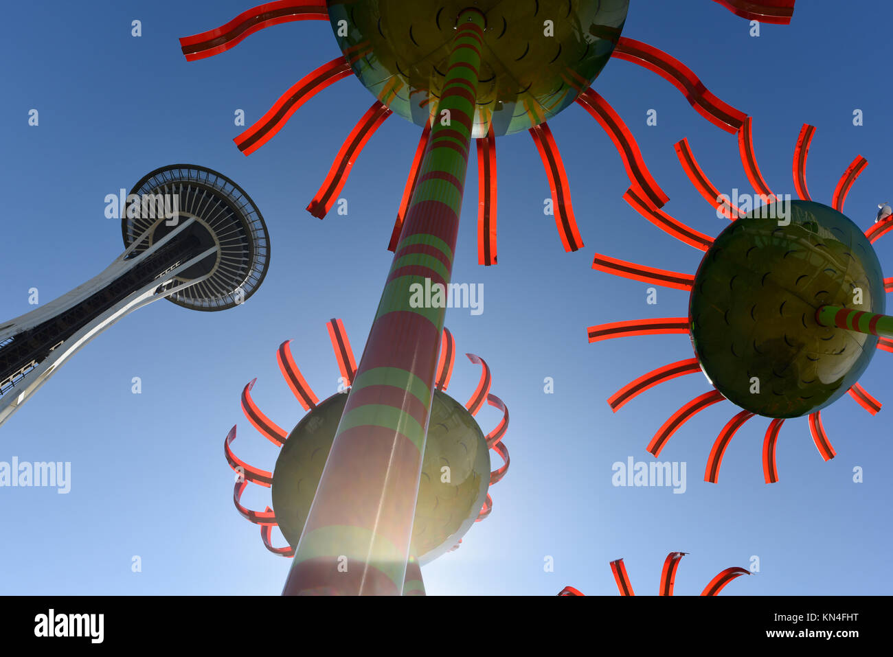 The Sonic Bloom art installation and Seattle Space Needle Stock Photo ...