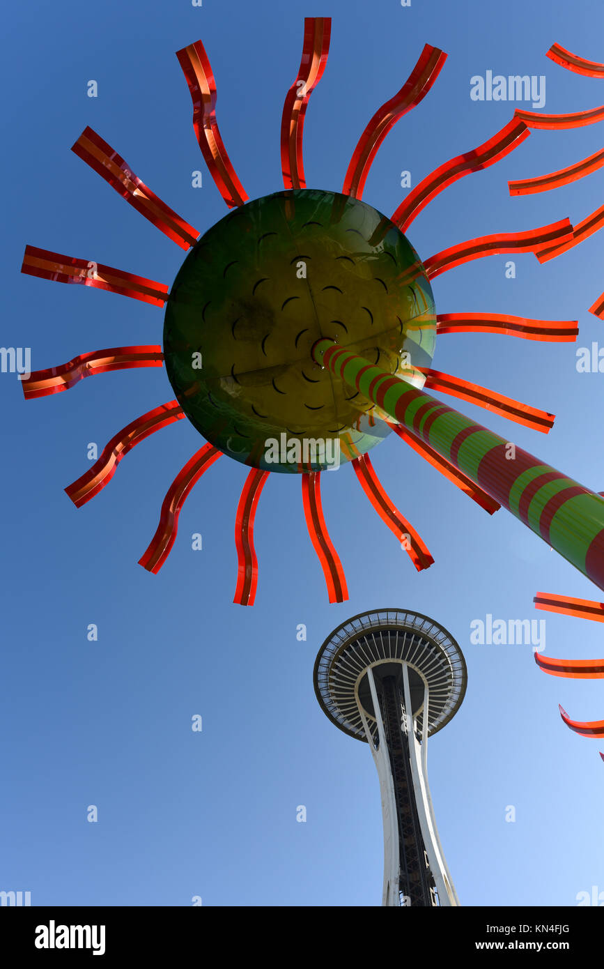 The Sonic Bloom art installation and Seattle Space Needle Stock Photo ...