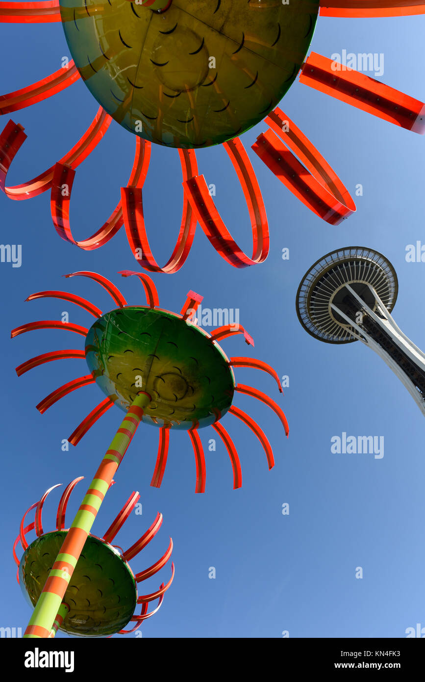 The Sonic Bloom art installation and Seattle Space Needle Stock Photo ...