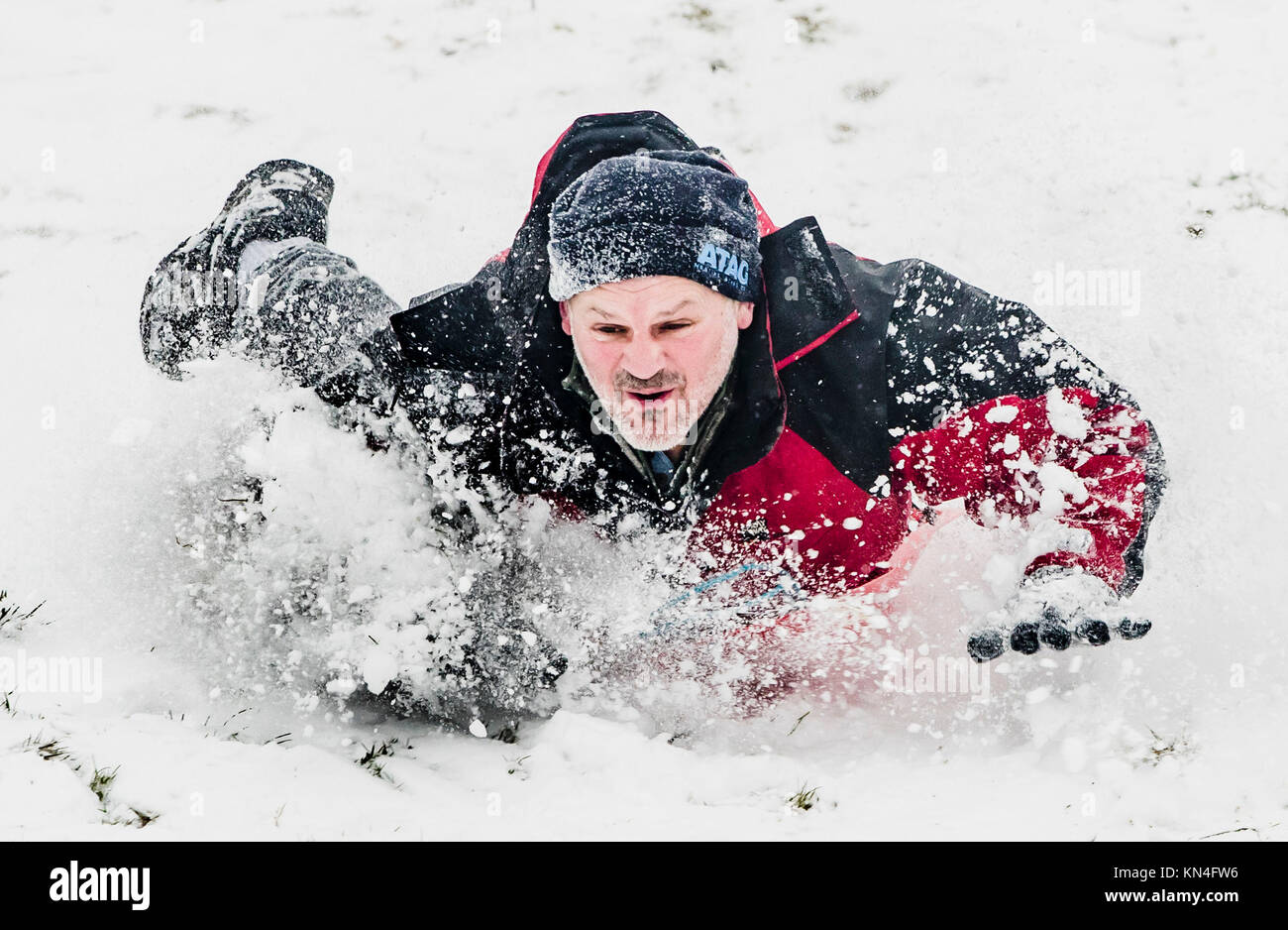 Derrick Spencer sledging near Mam Tor in the, Peak District National ...
