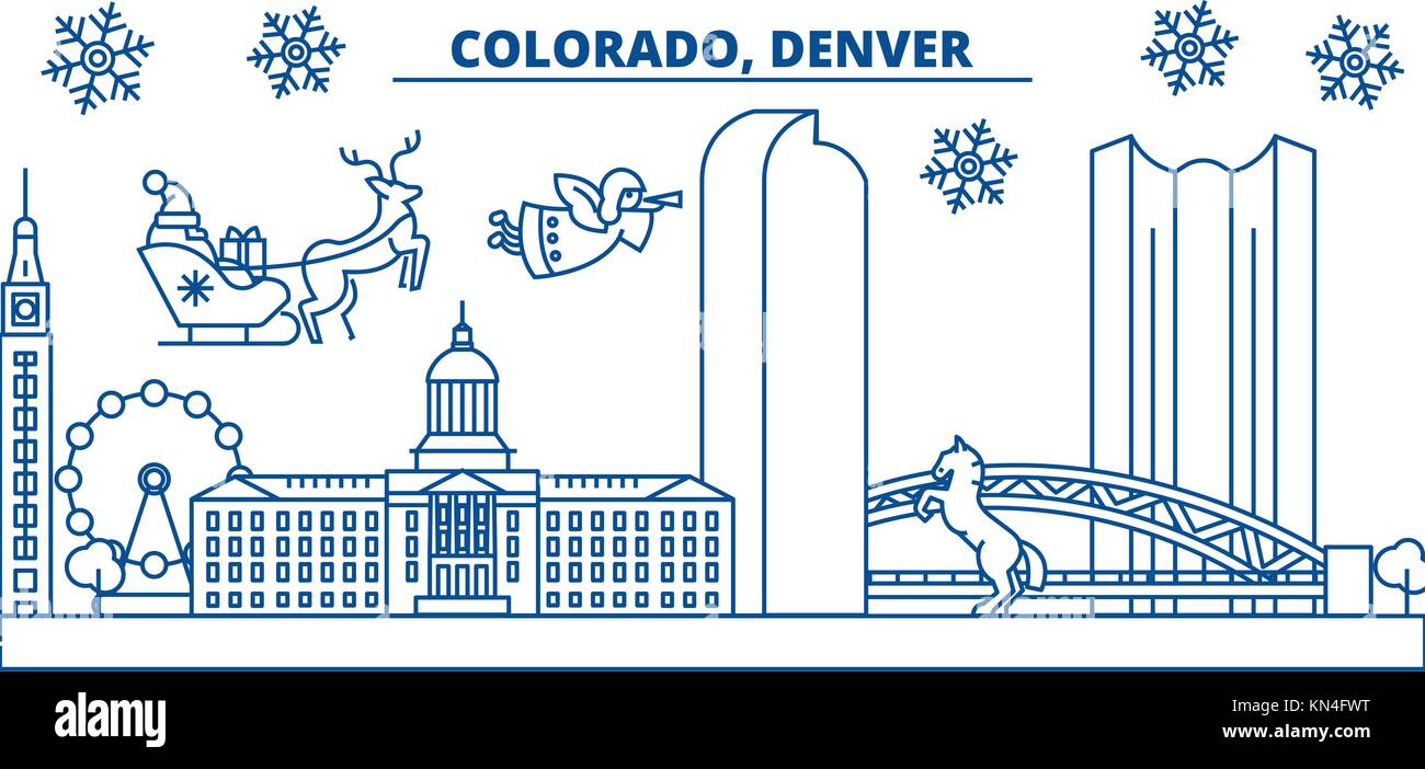 USA, Colorado, Denver winter city skyline. Merry Christmas and Happy ...