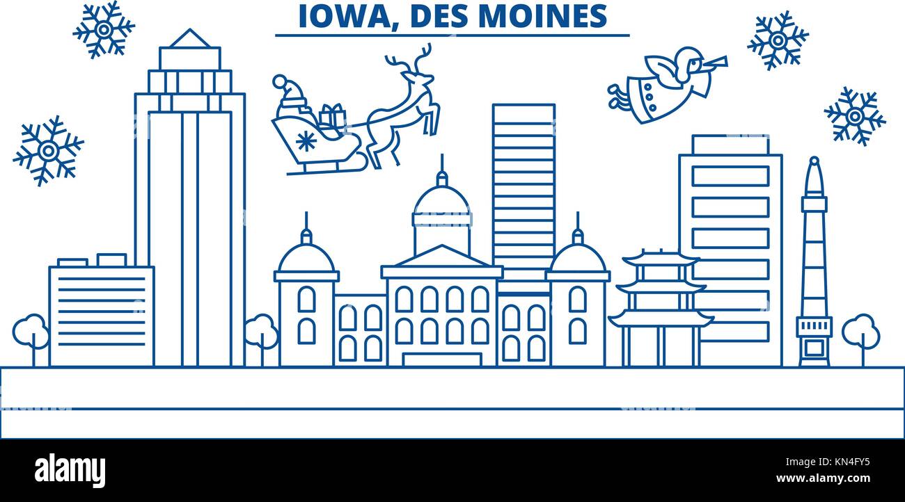 USA, Iowa , Des Moines winter city skyline. Merry Christmas and Happy ...
