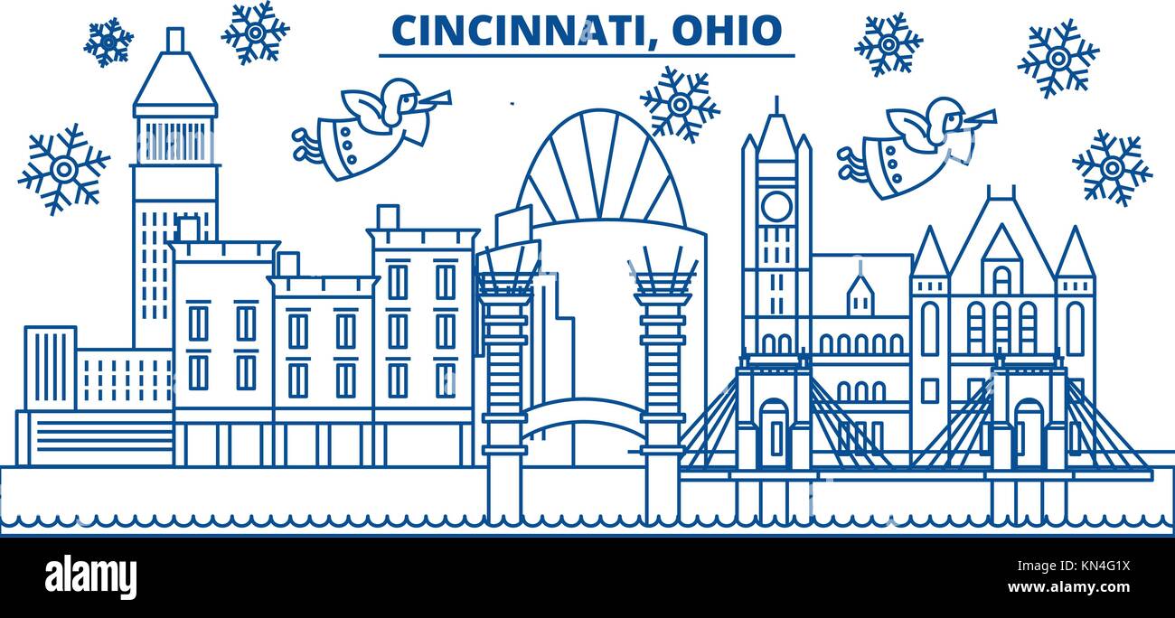 USA, Ohio, Cincinnati winter city skyline. Merry Christmas and Happy ...