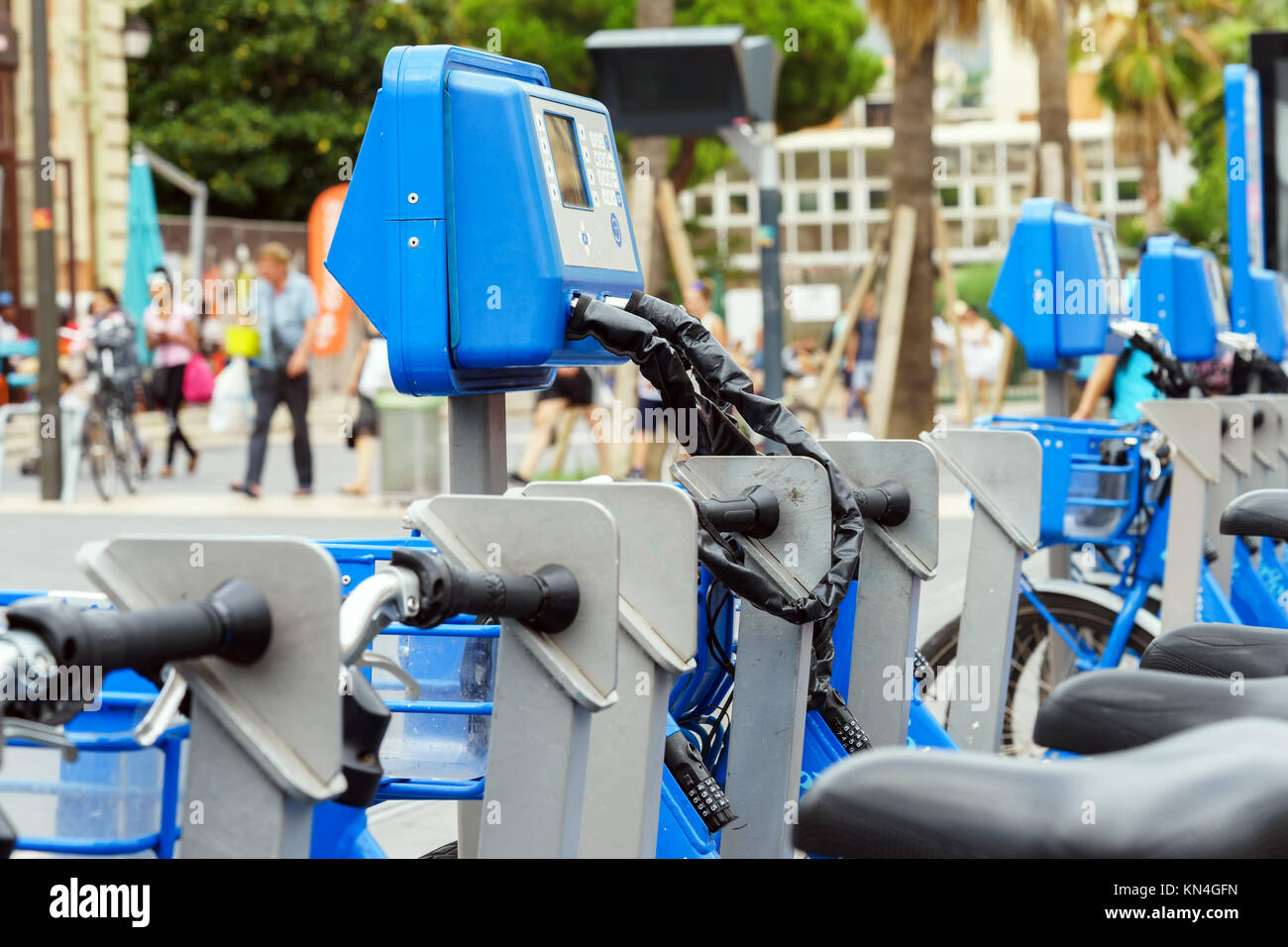 Bicycle lock for public rental bicycle and locked bicycles Stock Photo ...