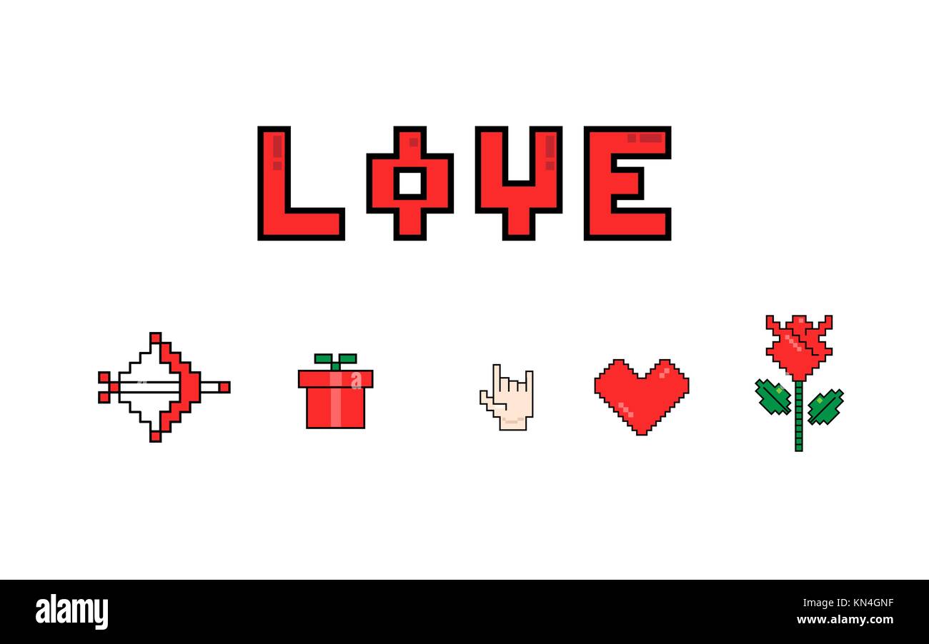 Happy valentines day. 8 bit Pixel love Message Icons On White ...