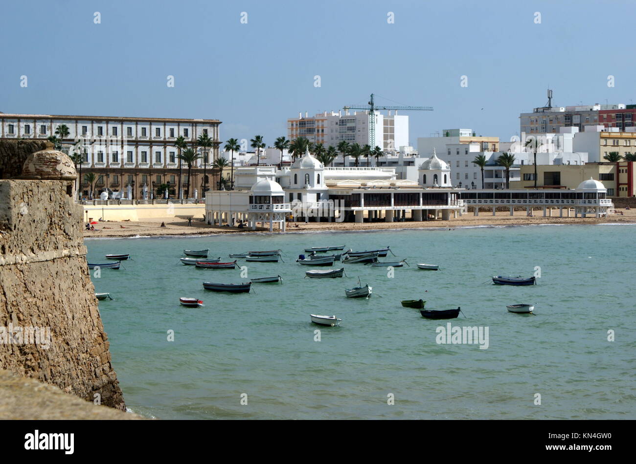 View across La Caleta bay from Santa Catalina castle to La Caleta beach ...