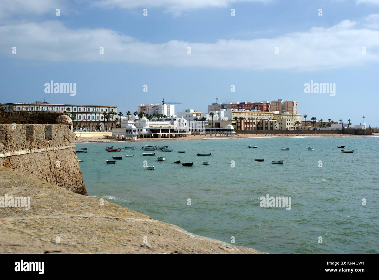 View across La Caleta bay from Santa Catalina castle to La Caleta beach ...