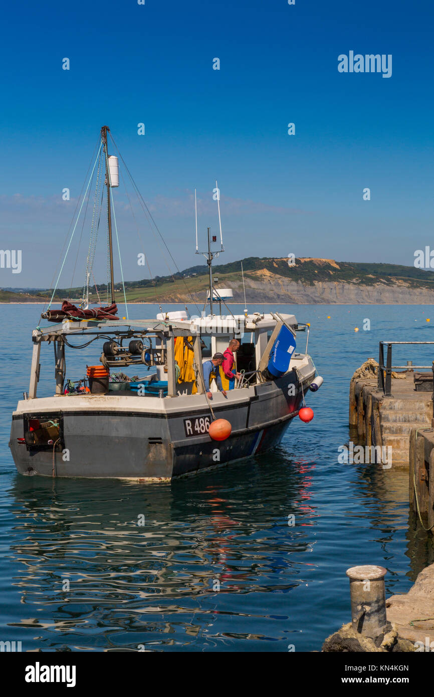 A small fishing boat arriving in the harbour at Lyme Regis on the ...