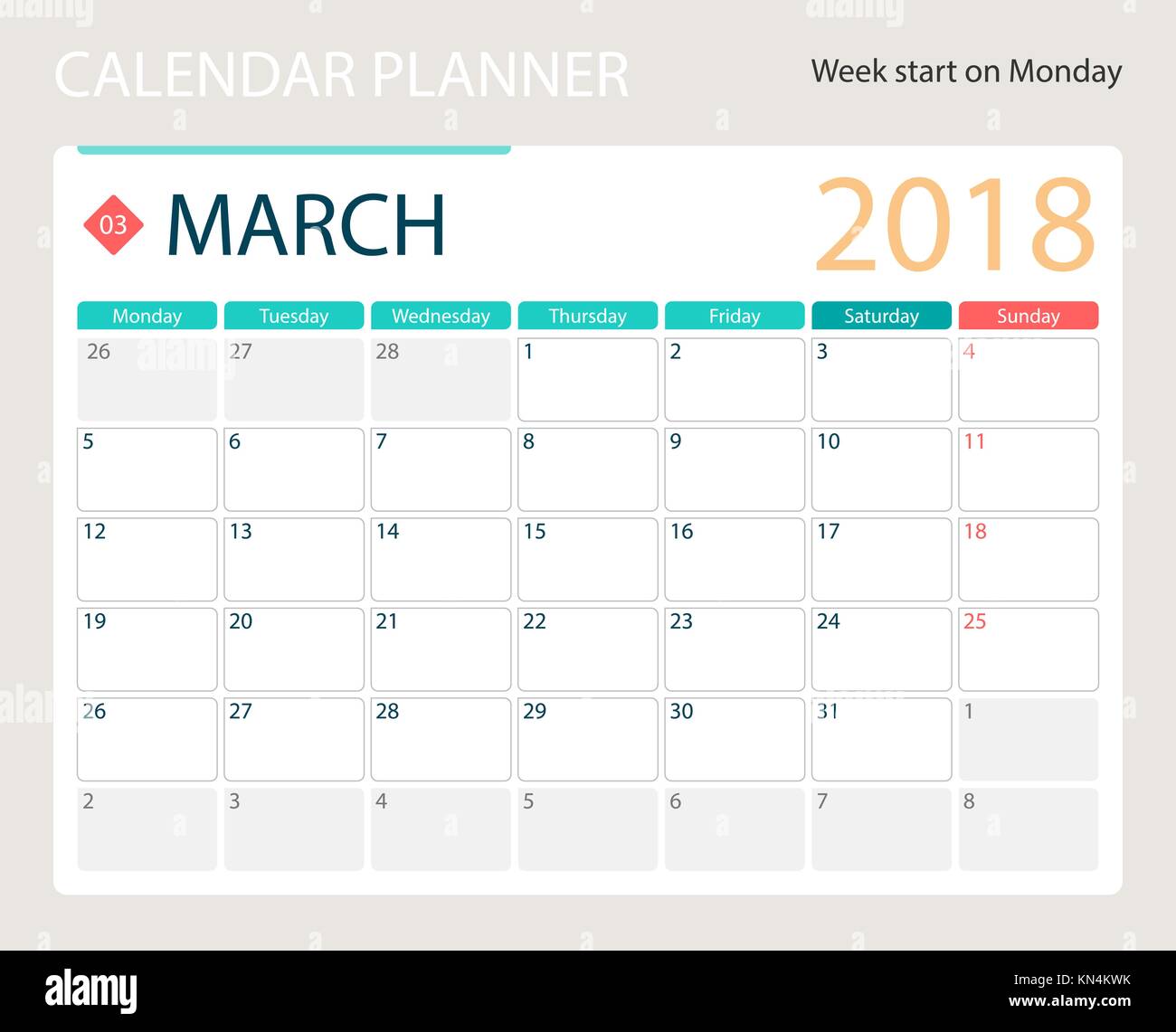 MARCH 2018, illustration vector calendar or desk planner, weeks start ...