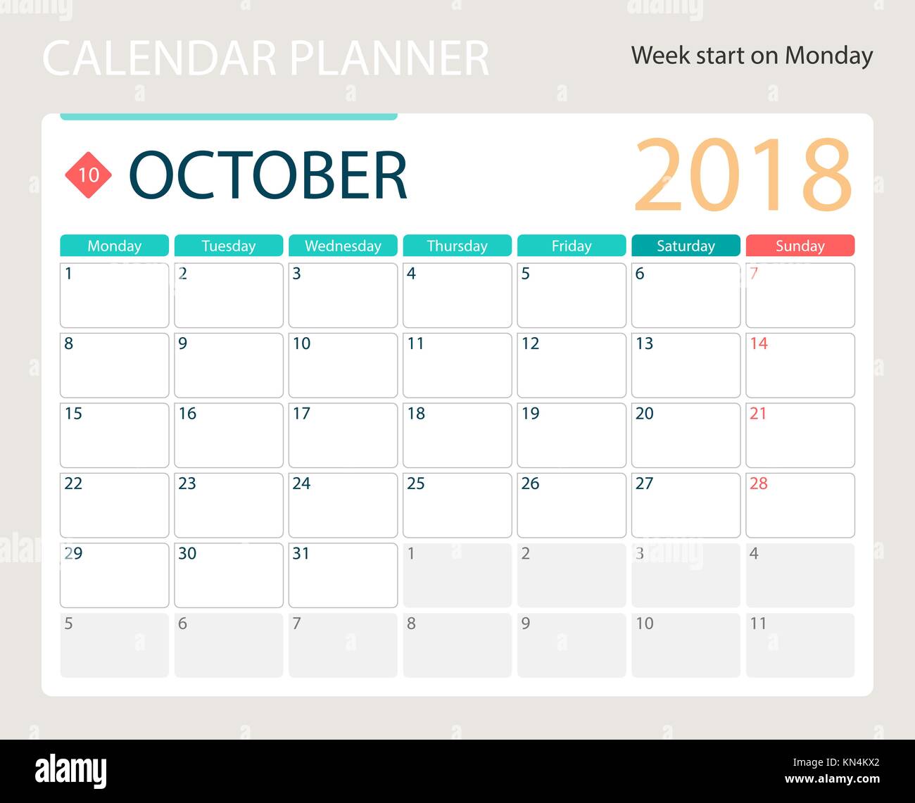 OCTOBER 2018, illustration vector calendar or desk planner, weeks start ...