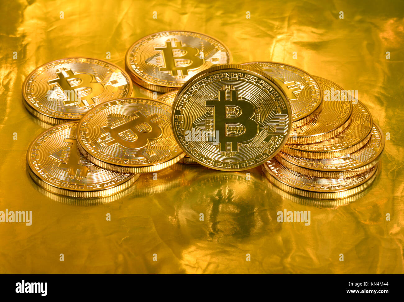 Symbol image digital currency, golden physical coin Bitcoin Stock Photo ...