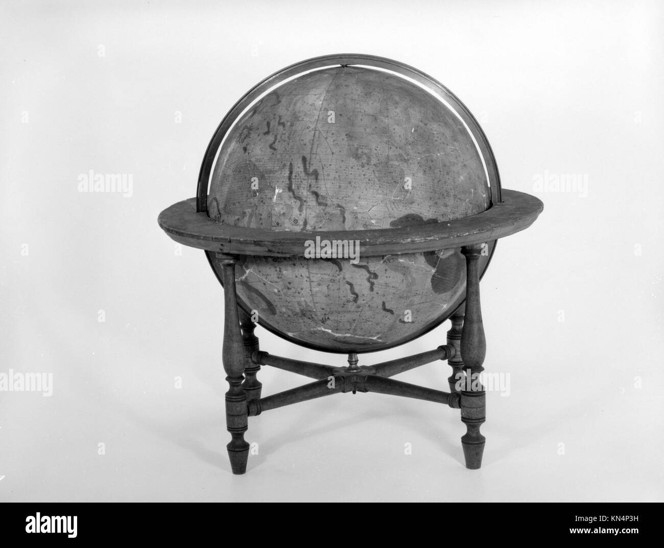 Celestial globe by James Wilson, 1821, made of wood, plaster, paper, and brass, depicting the ...