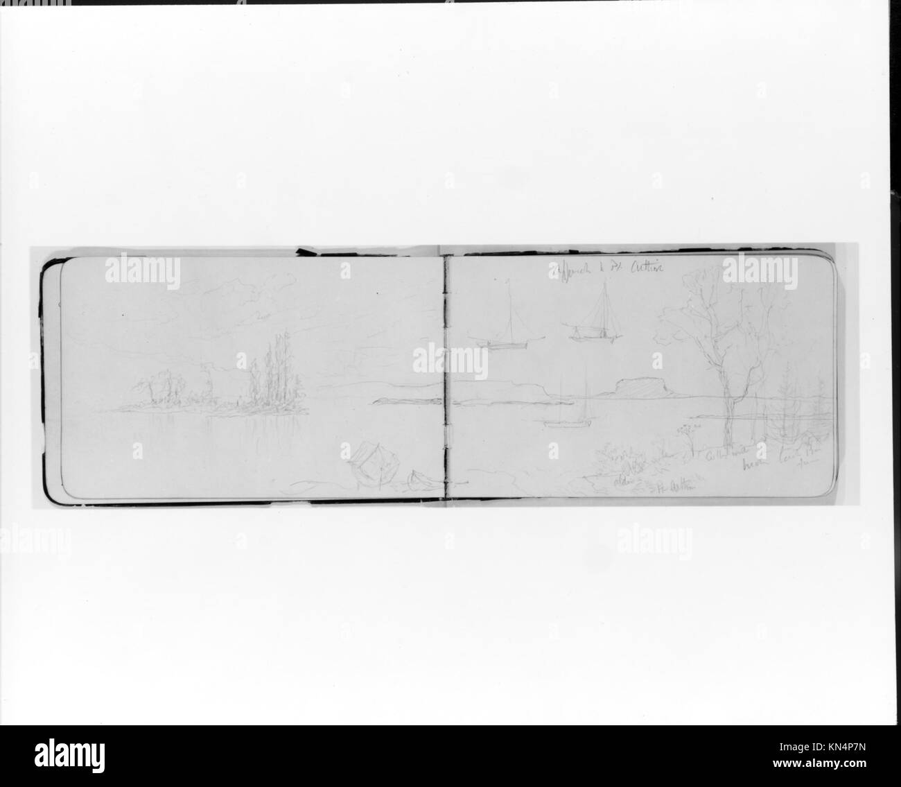 A sketch showing a bay at sunset, depicting water, sky, and landscape ...