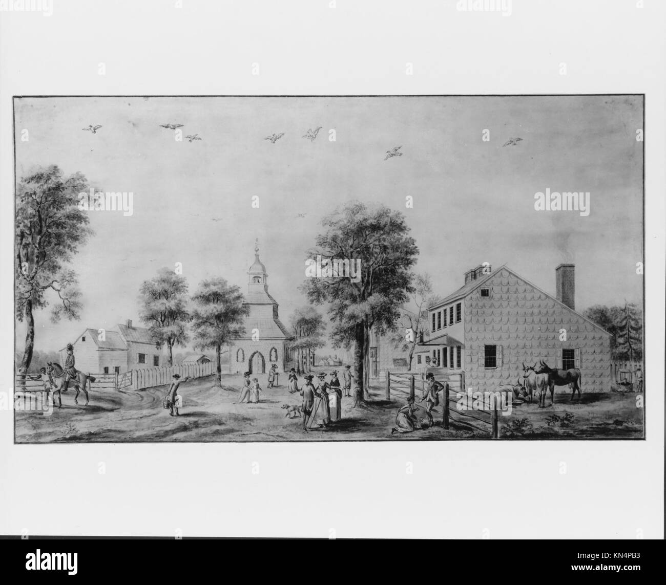Painting of the Village Green in Brooklyn, Long Island, depicting a ...