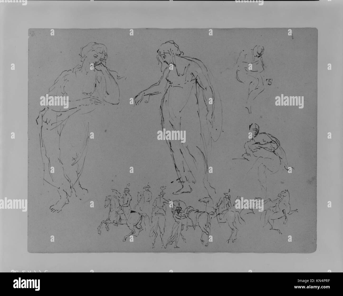 This set of sketches includes four draped figures and six equestrian ...