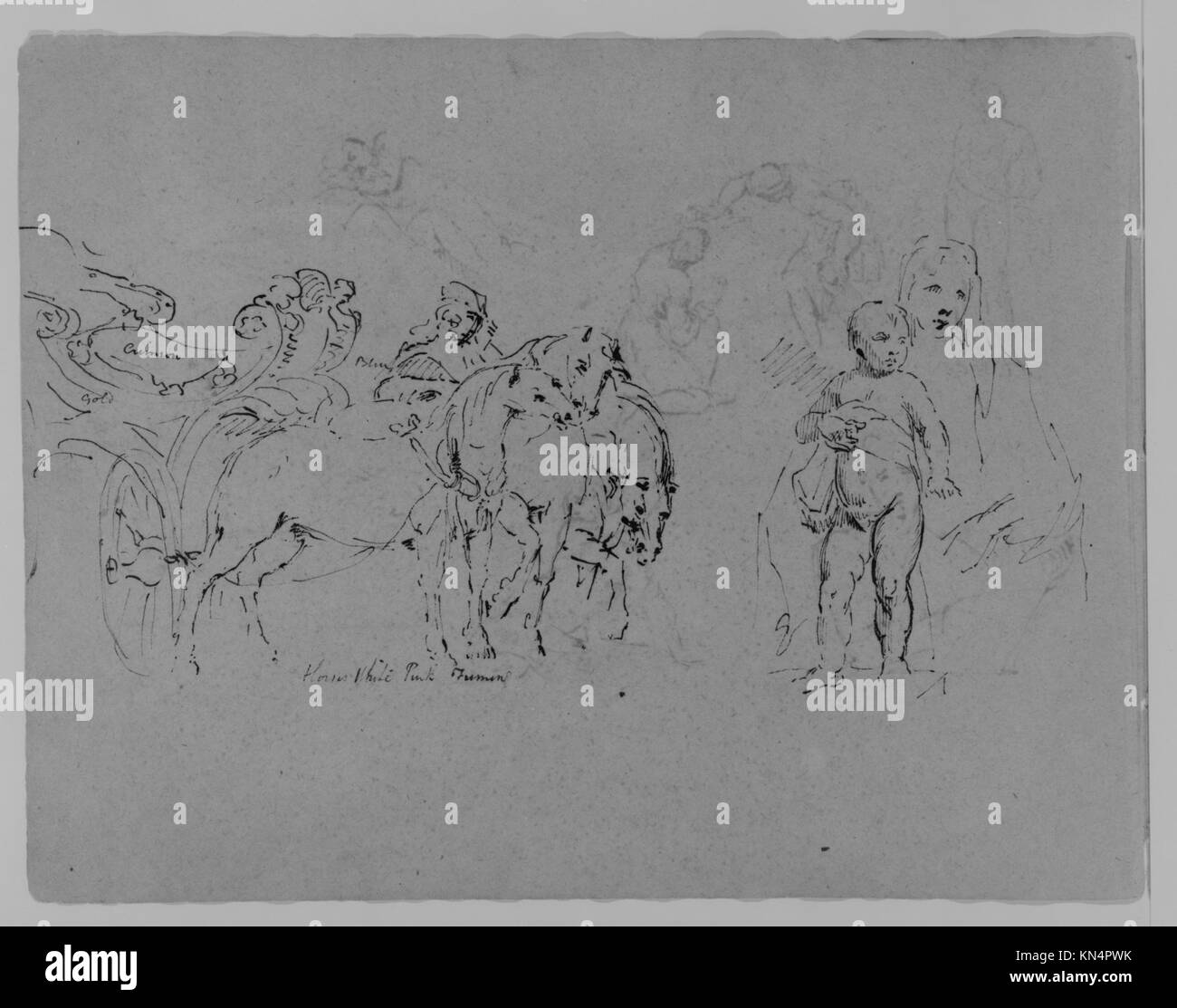 This sketchbook page presents preliminary drawings and artistic studies ...
