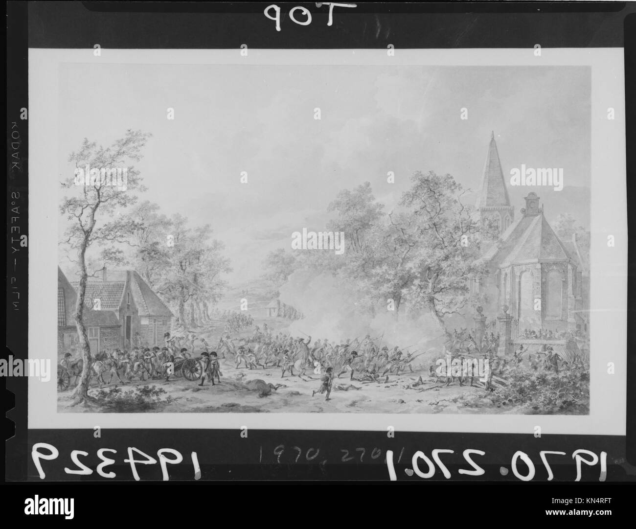 A painting showing a battle scene with a church on the left ...