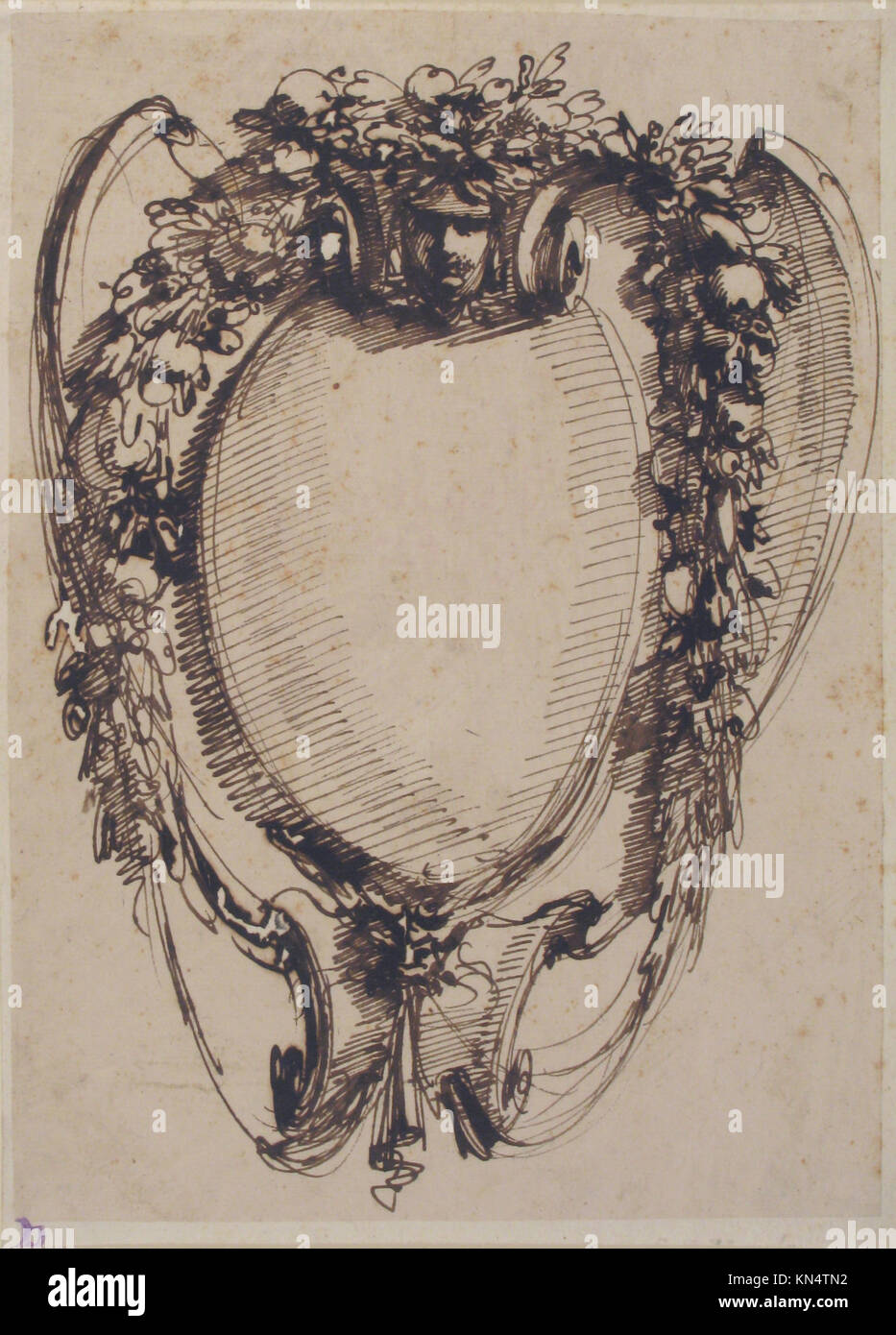 This design features a decorative cartouche with hanging garlands ...