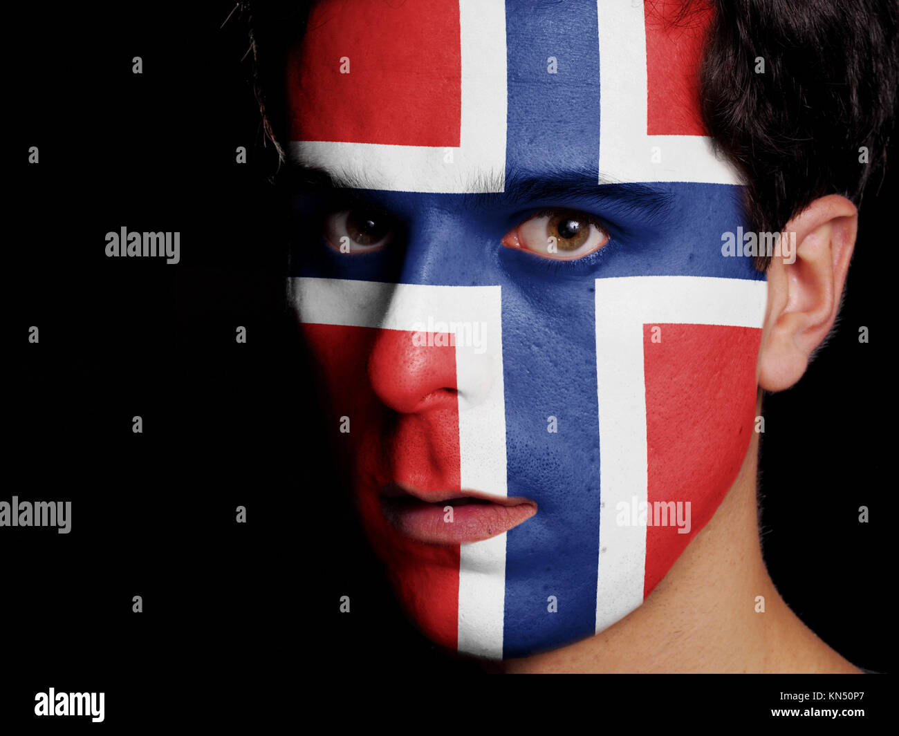 Flag of Norway Painted on a Face of a Young Man Stock Photo - Alamy