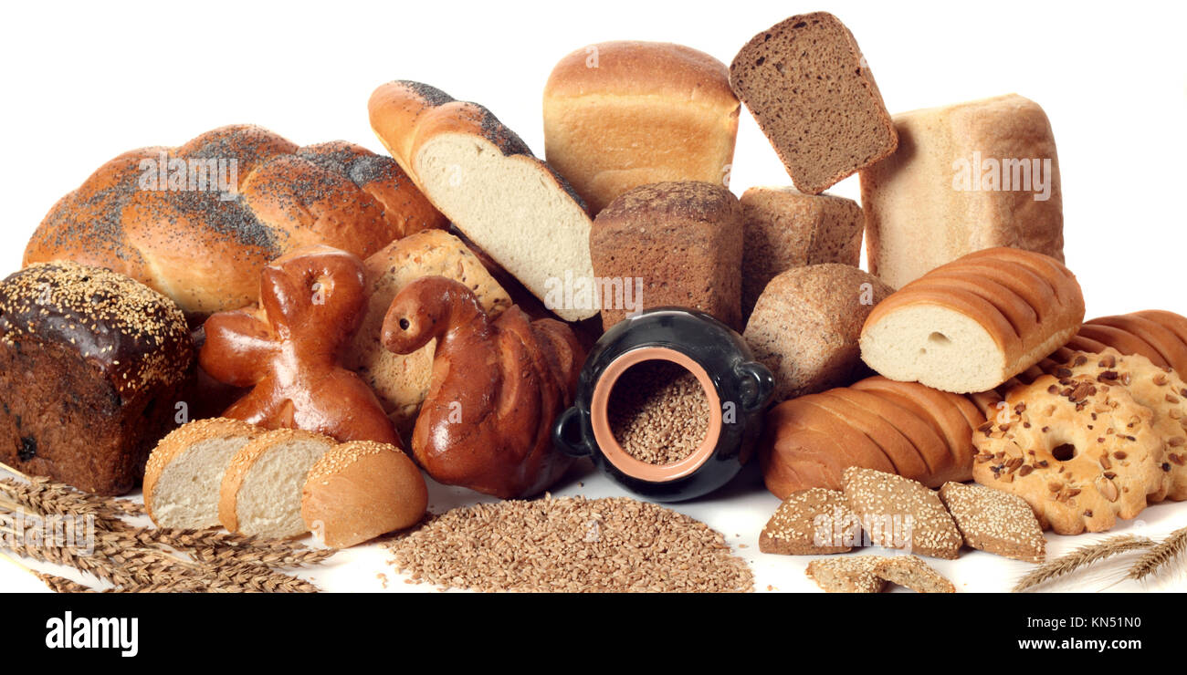 A lot of different bread on a white background Stock Photo - Alamy