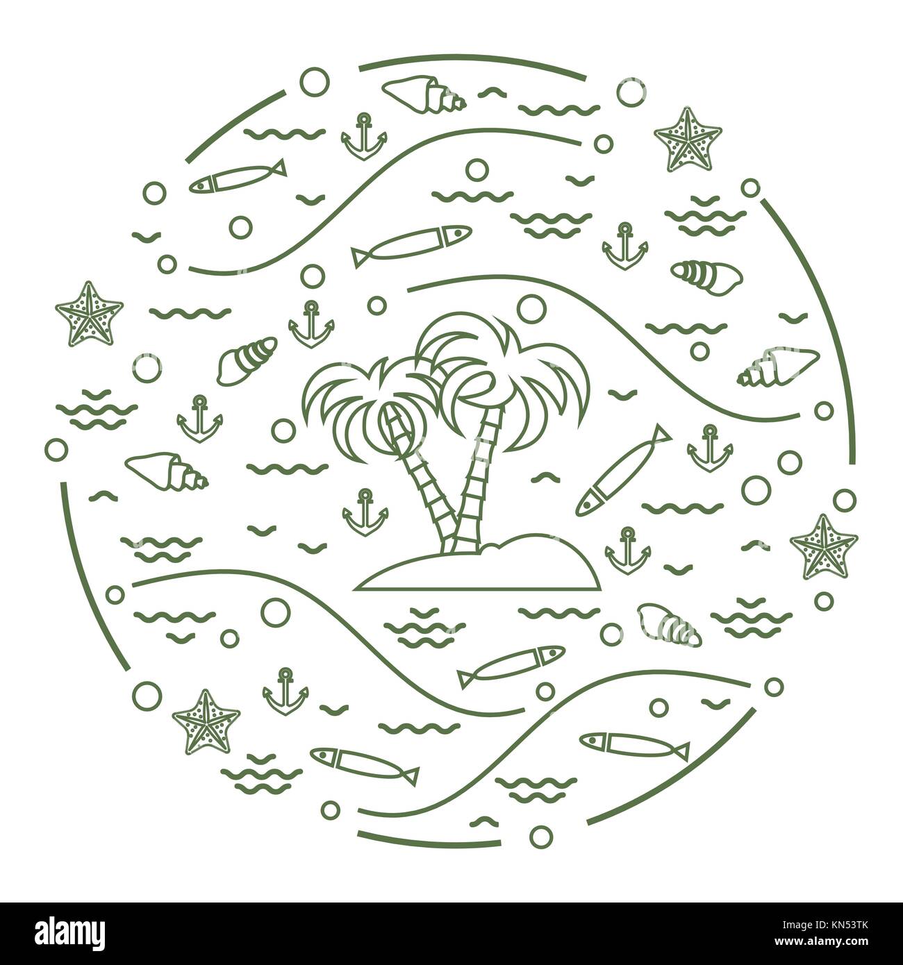 Cute vector illustration with fish, island with palm trees, anchor ...