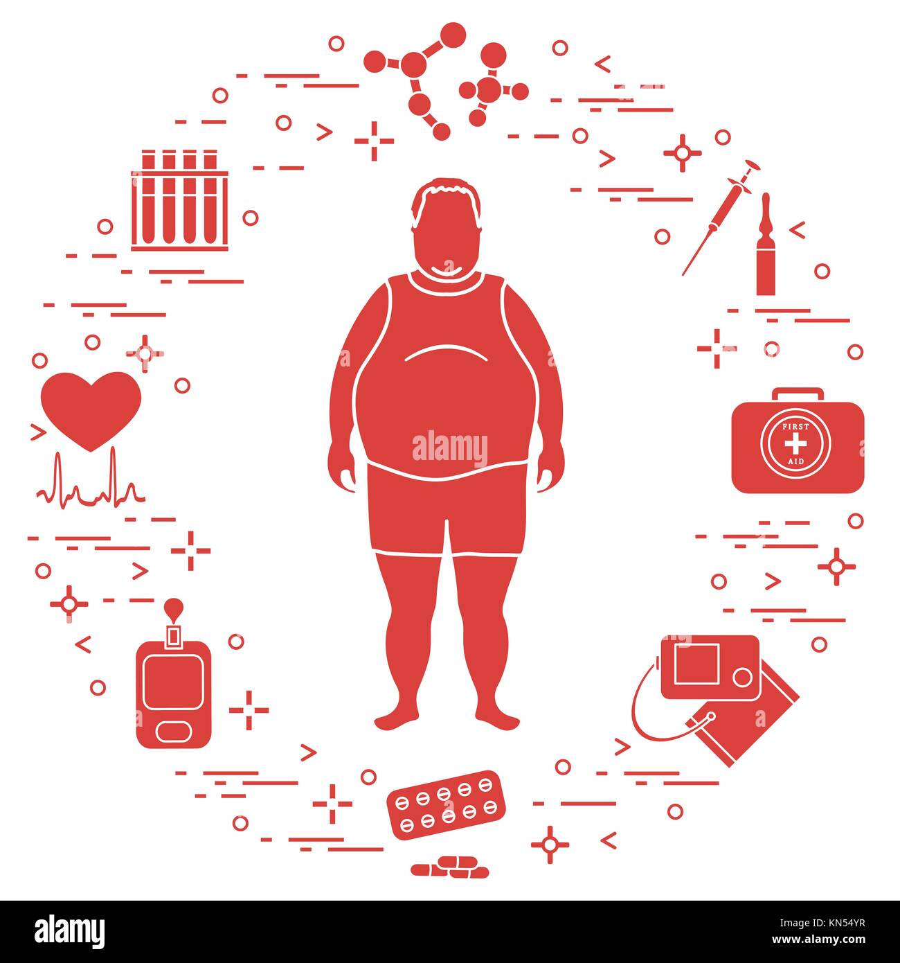 Fat man with medical devices, tools and drugs around him. Health and ...