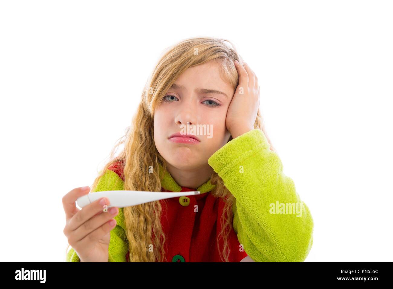 blond girl with thermometer and flu cold in pyjama and sad grumpy face ...